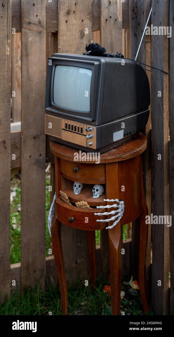 Old vintage television with halloween Decoration. Human skull and ...
