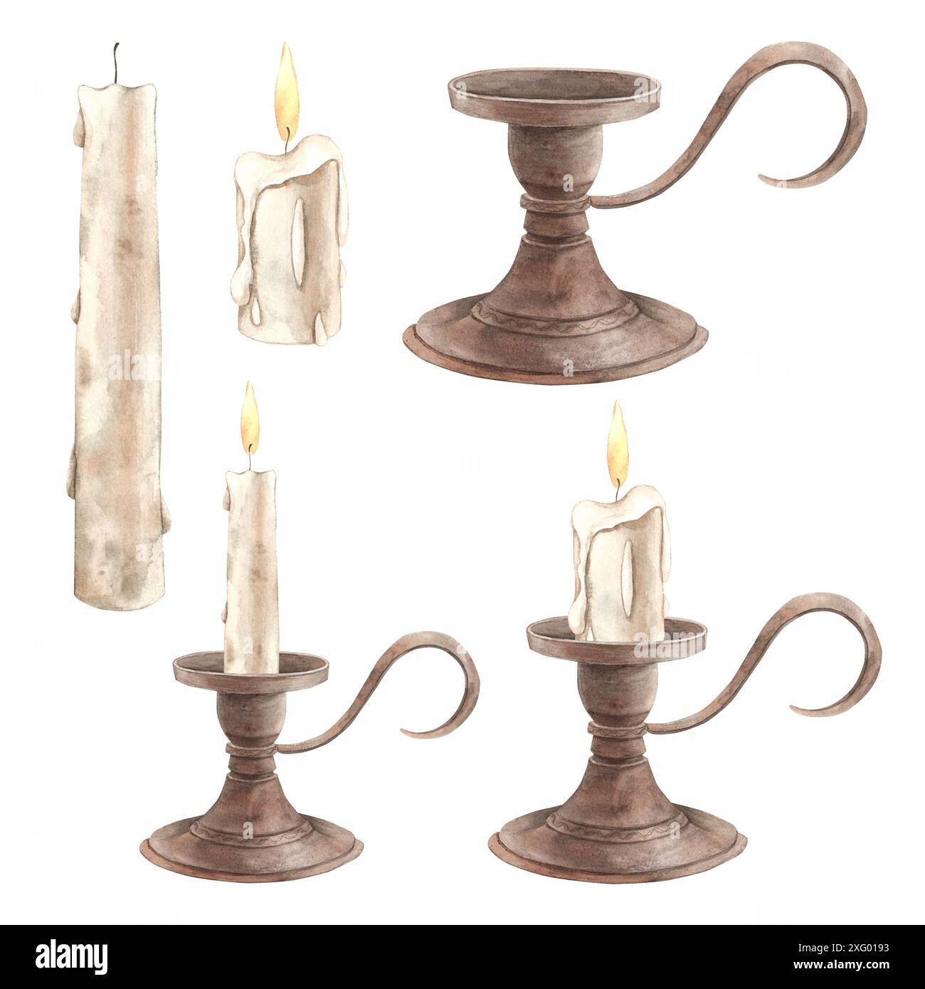 A set of burning wax candles and antique metal candlesticks. Watercolor hand drawn illustration ...