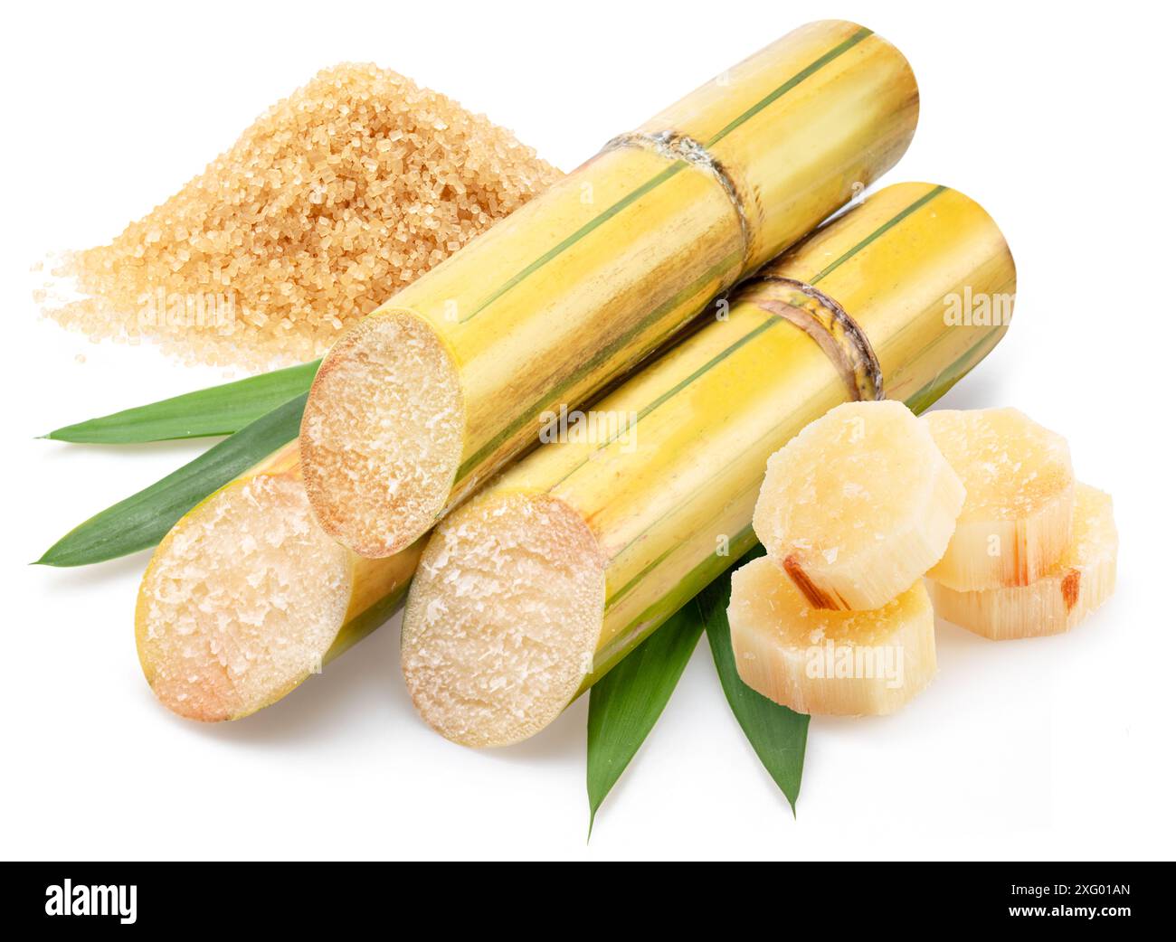 Sugarcanes stalks, sugar cane leaves and heap of sugar isolated on ...