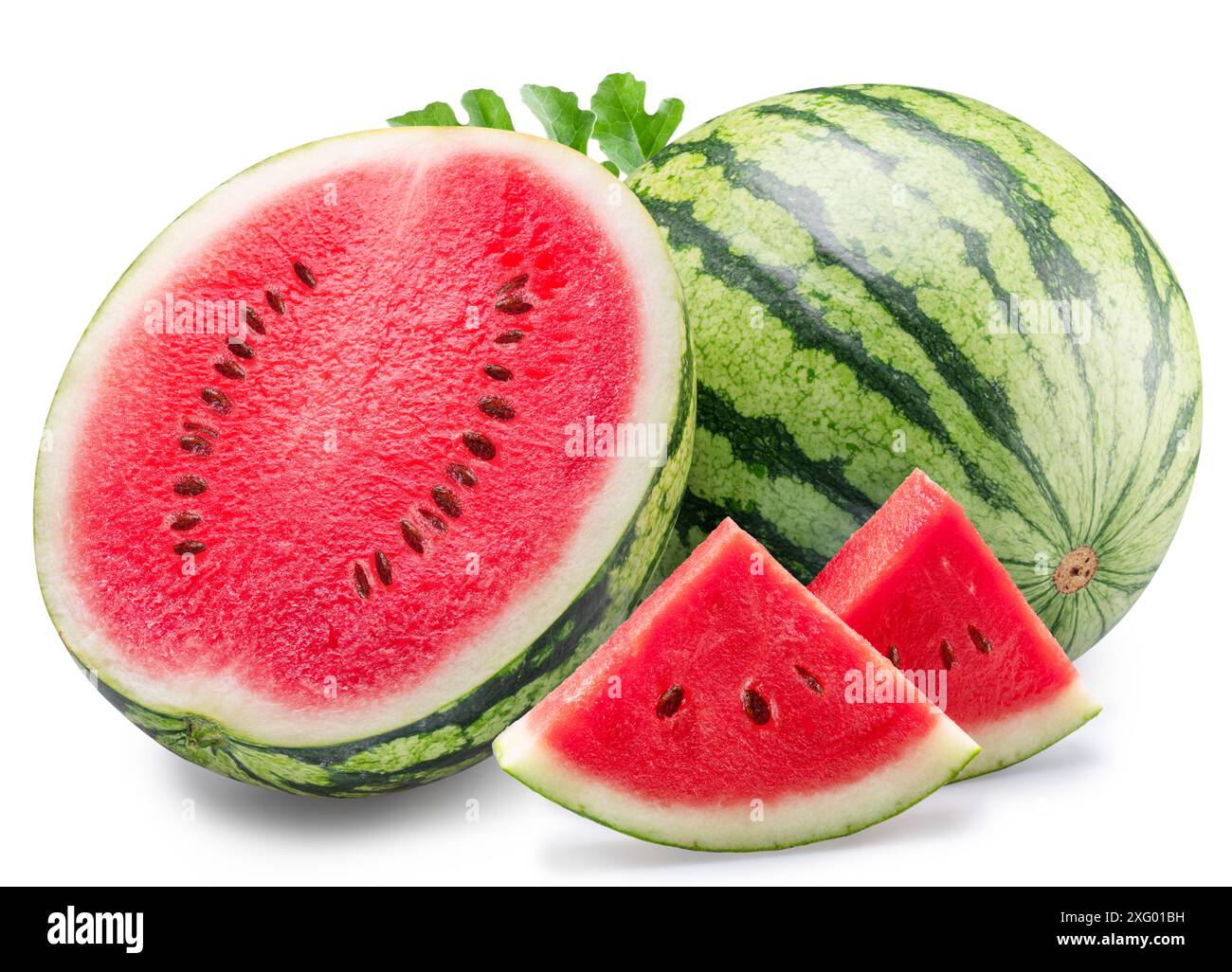 Round striped watermelon and watermelon slices isolated on white ...