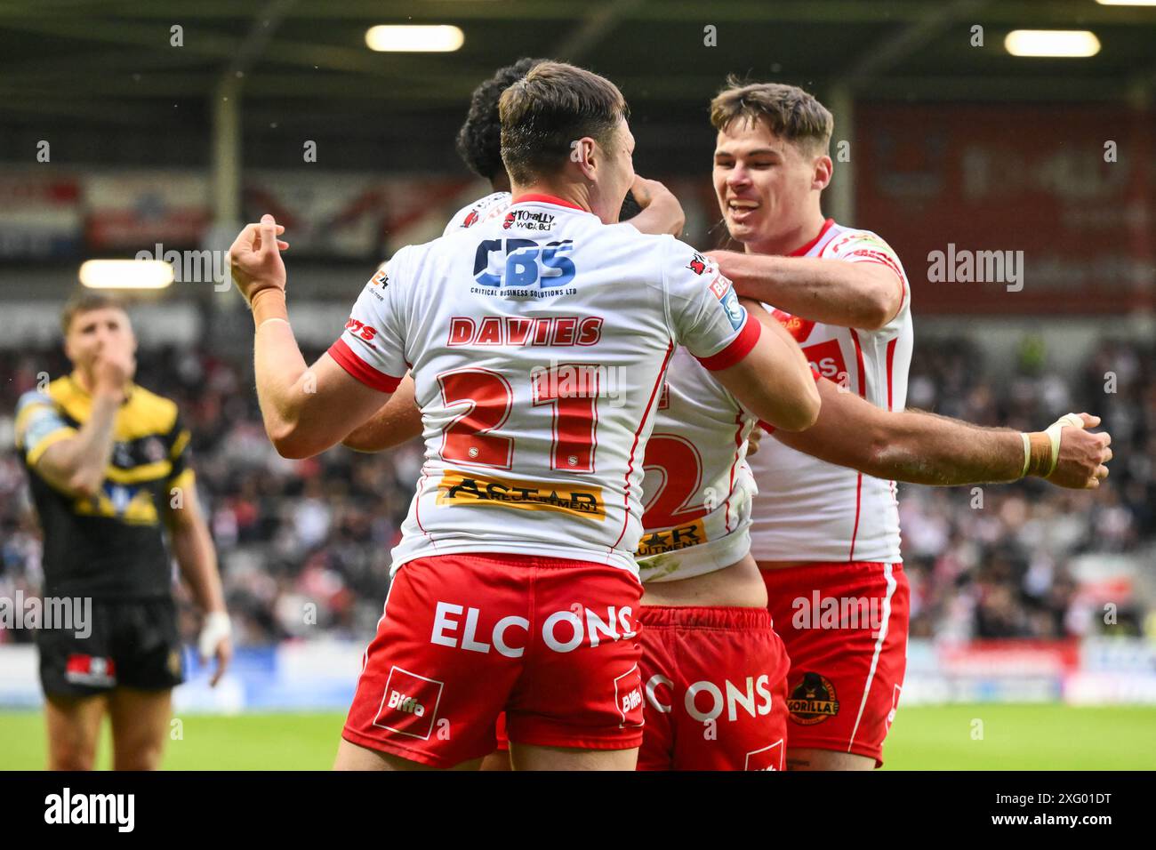 Sam Royle of St. Helenscelebrates his try during the Betfred Super ...
