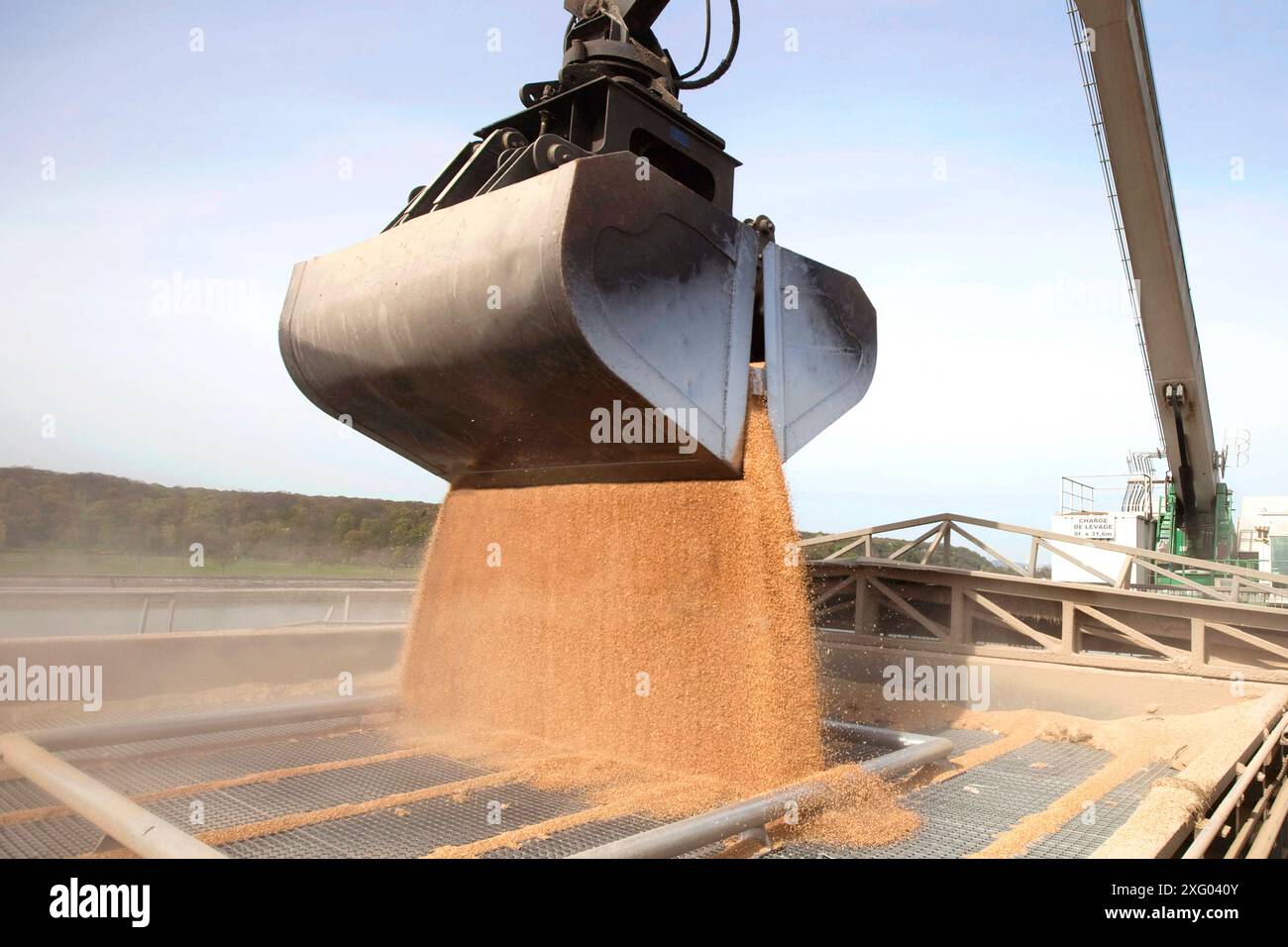 Loading wheat from a cargo ship, grain port, port of Rouen, Normandy ...