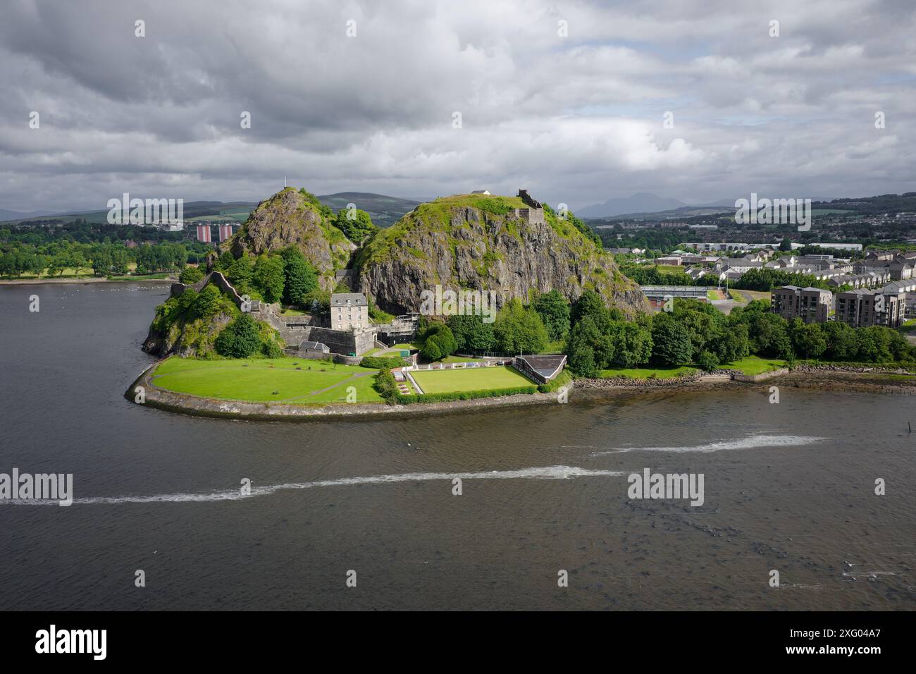 Dumbarton castle building on volcanic rock aerial view from above ...