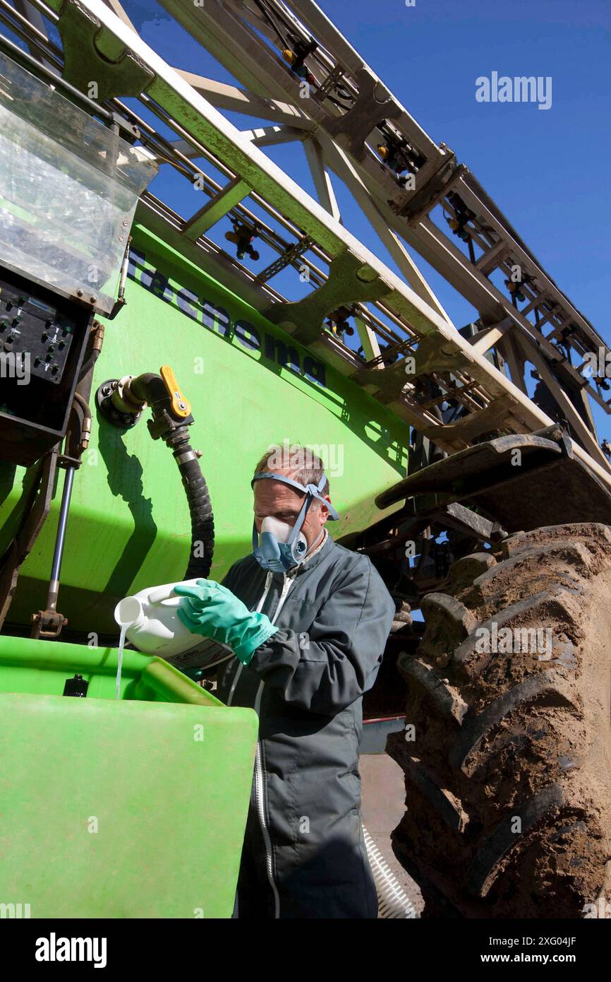 Farmer wearing overalls, mask and gloves, pouring a crop protection ...