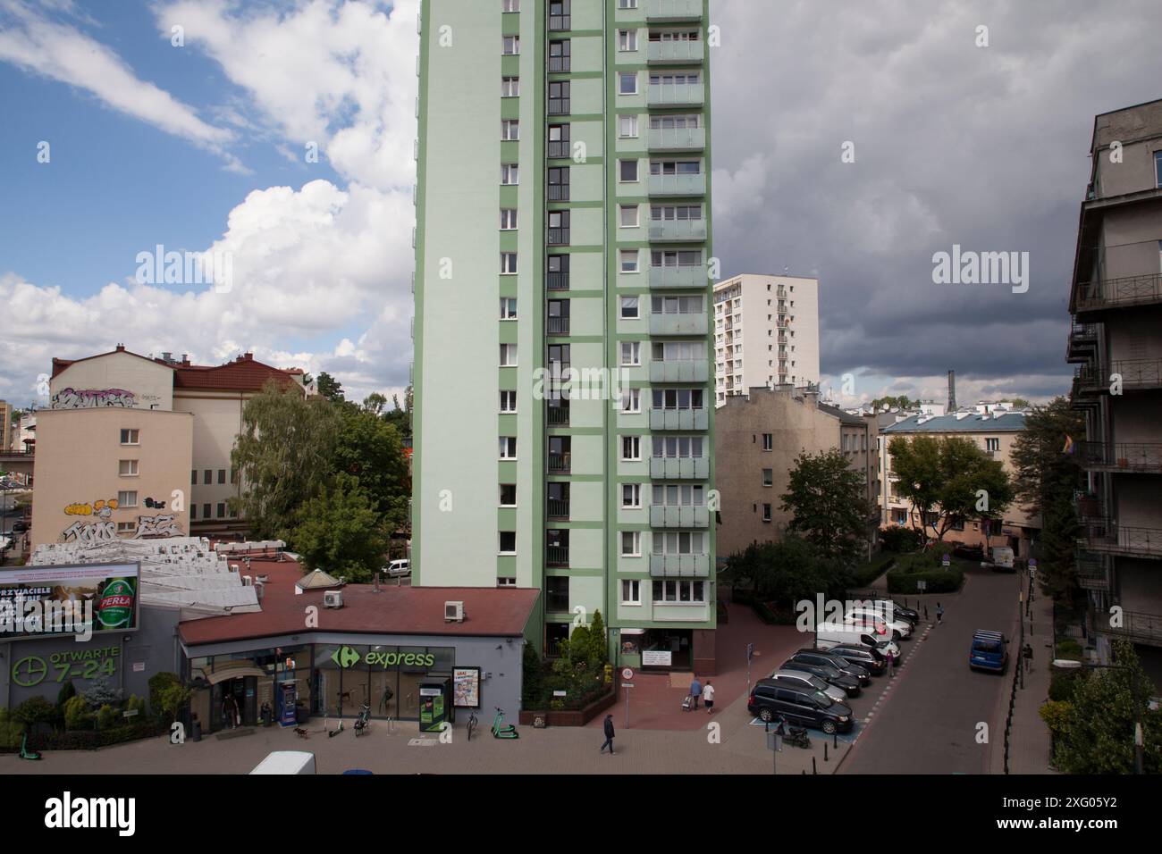Green Tower block in Warsaw Stock Photo - Alamy