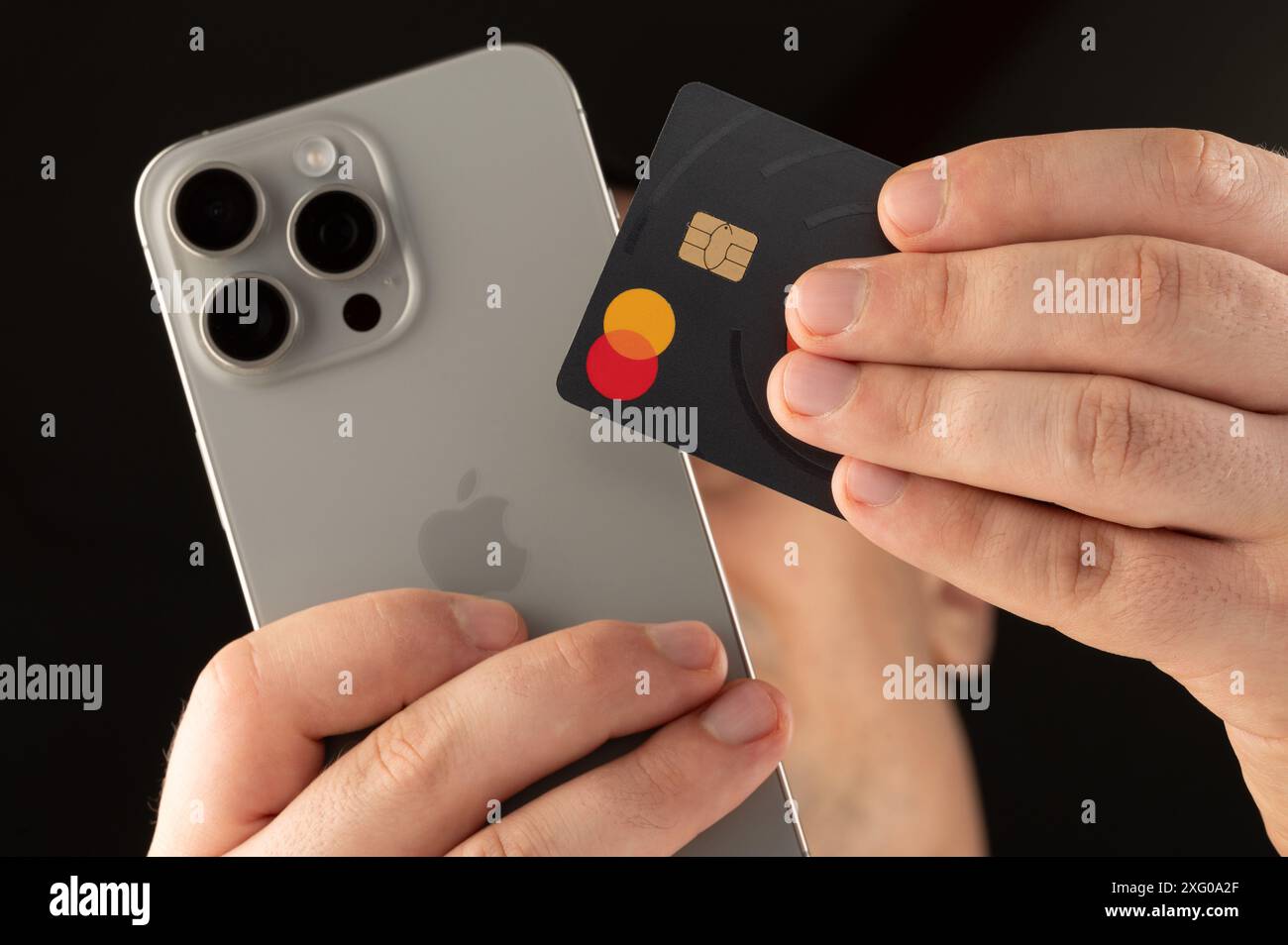 New York, USA - July 5, 2024: Using mastercard to pay online with ...