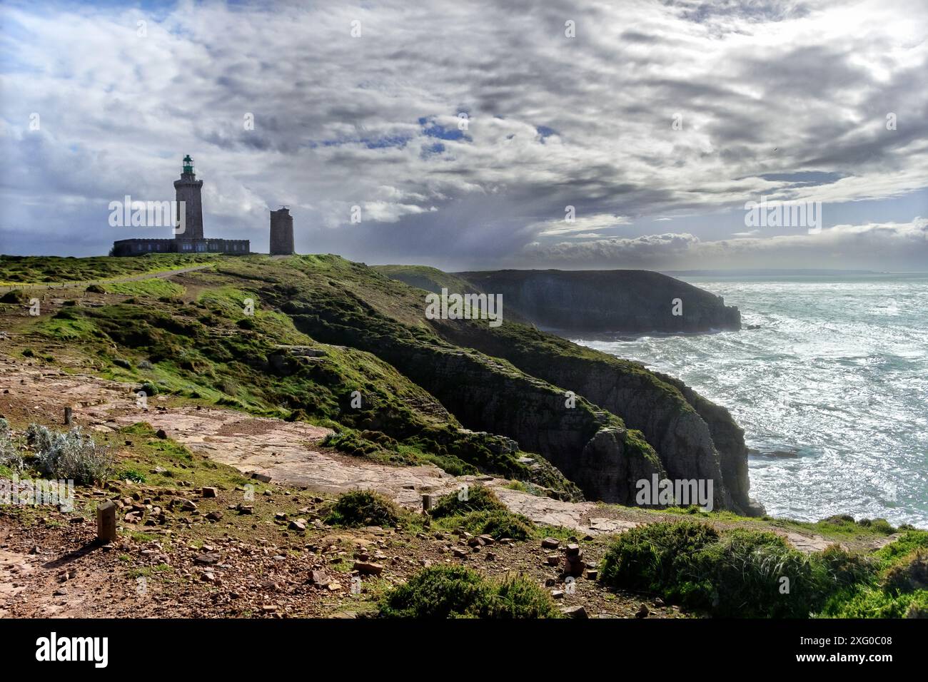 Cap Frehel lighthouses (old and new) against the light as seen from the ...