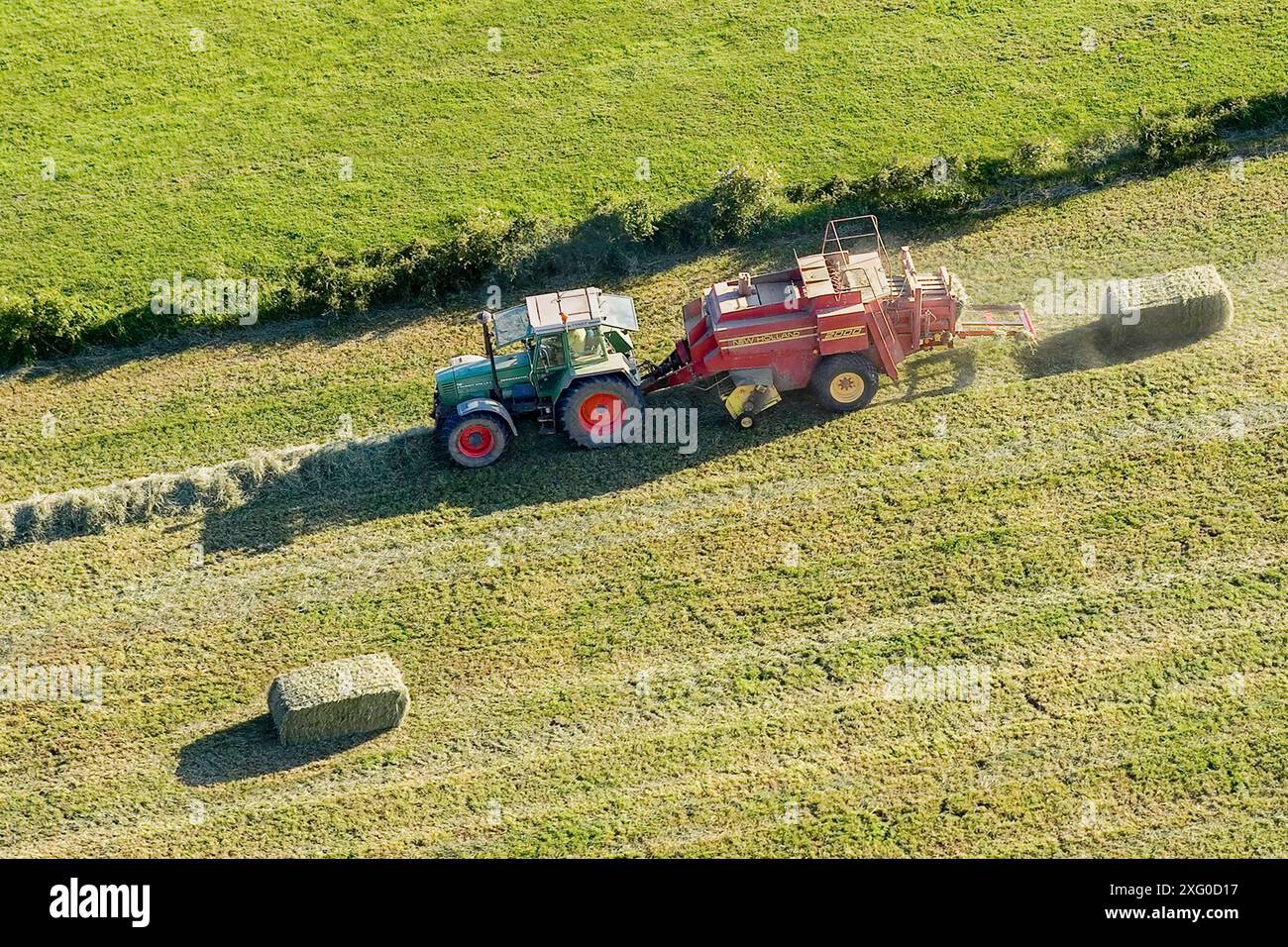 Aerial view of haymaking with a rectangular baler. France Stock Photo ...
