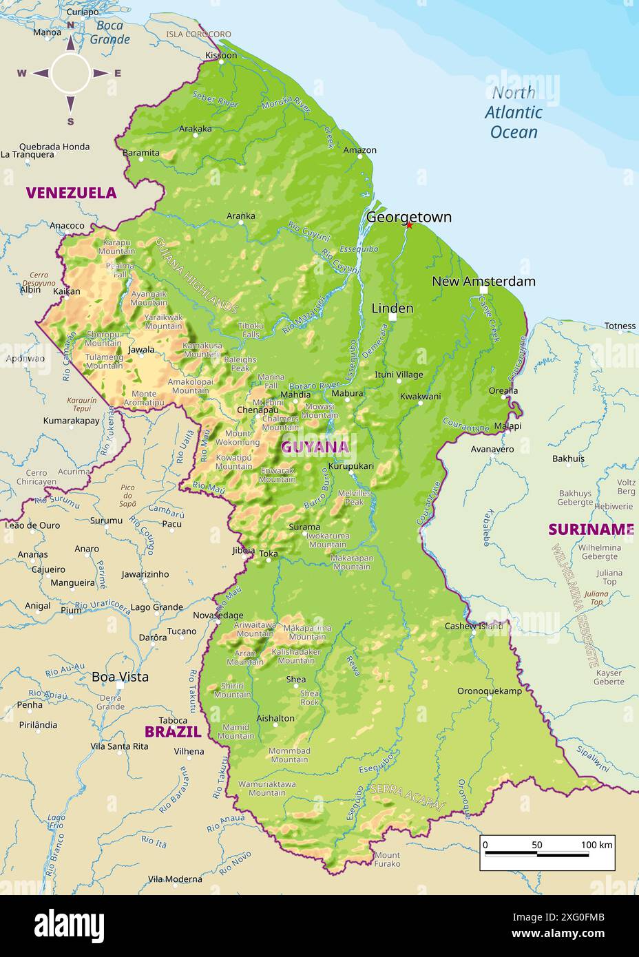 Detailed physical map of Guyana Stock Vector Image & Art - Alamy