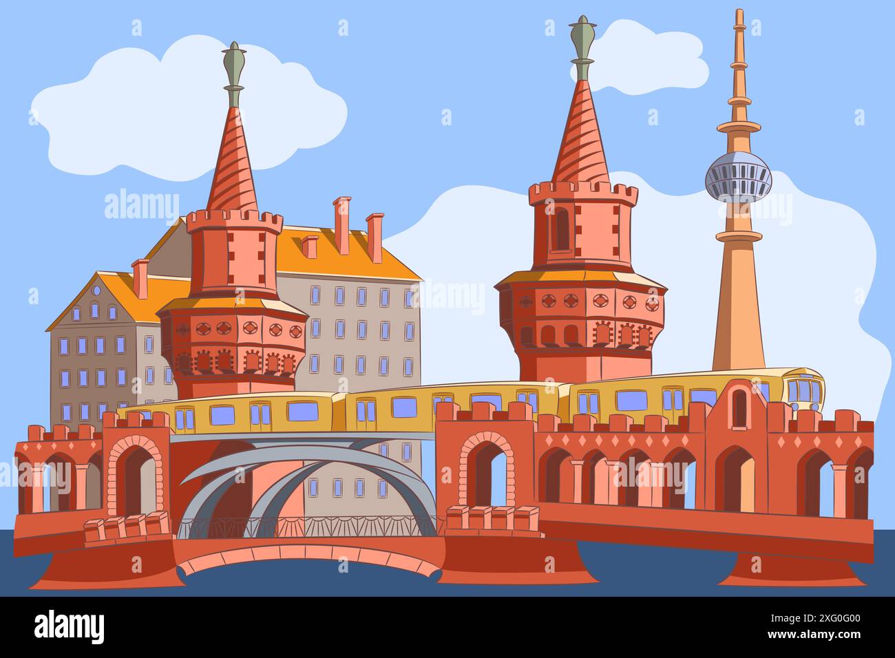Vector drawing of the old brick Oberbaum bridge with towers in Berlin ...