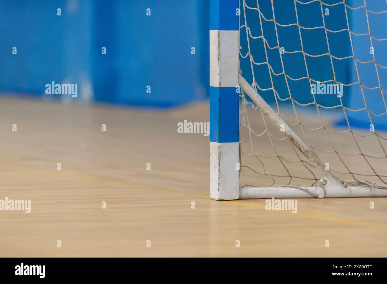 Gate for futsal or handball in gym. Detail of gate frame and net ...