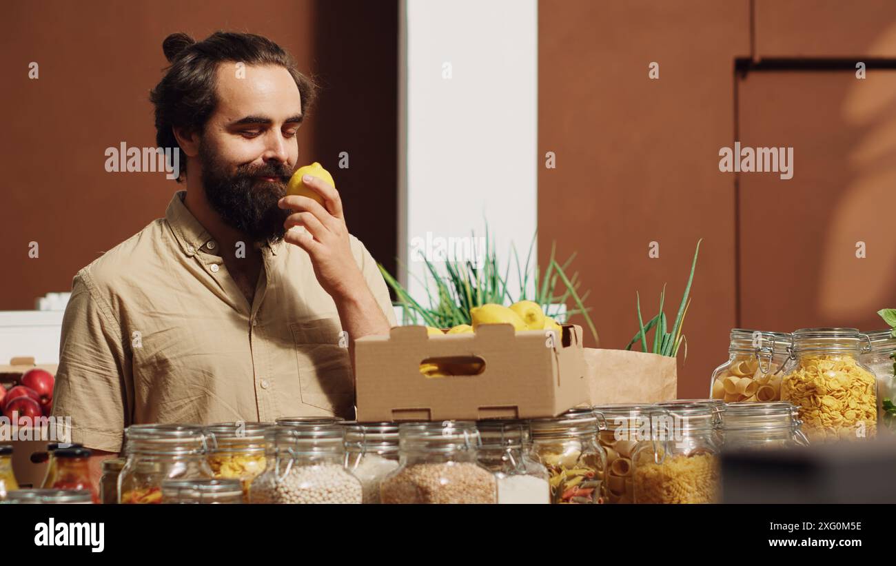 Man in low carbon footprint store feels dopamine rush while smelling ...