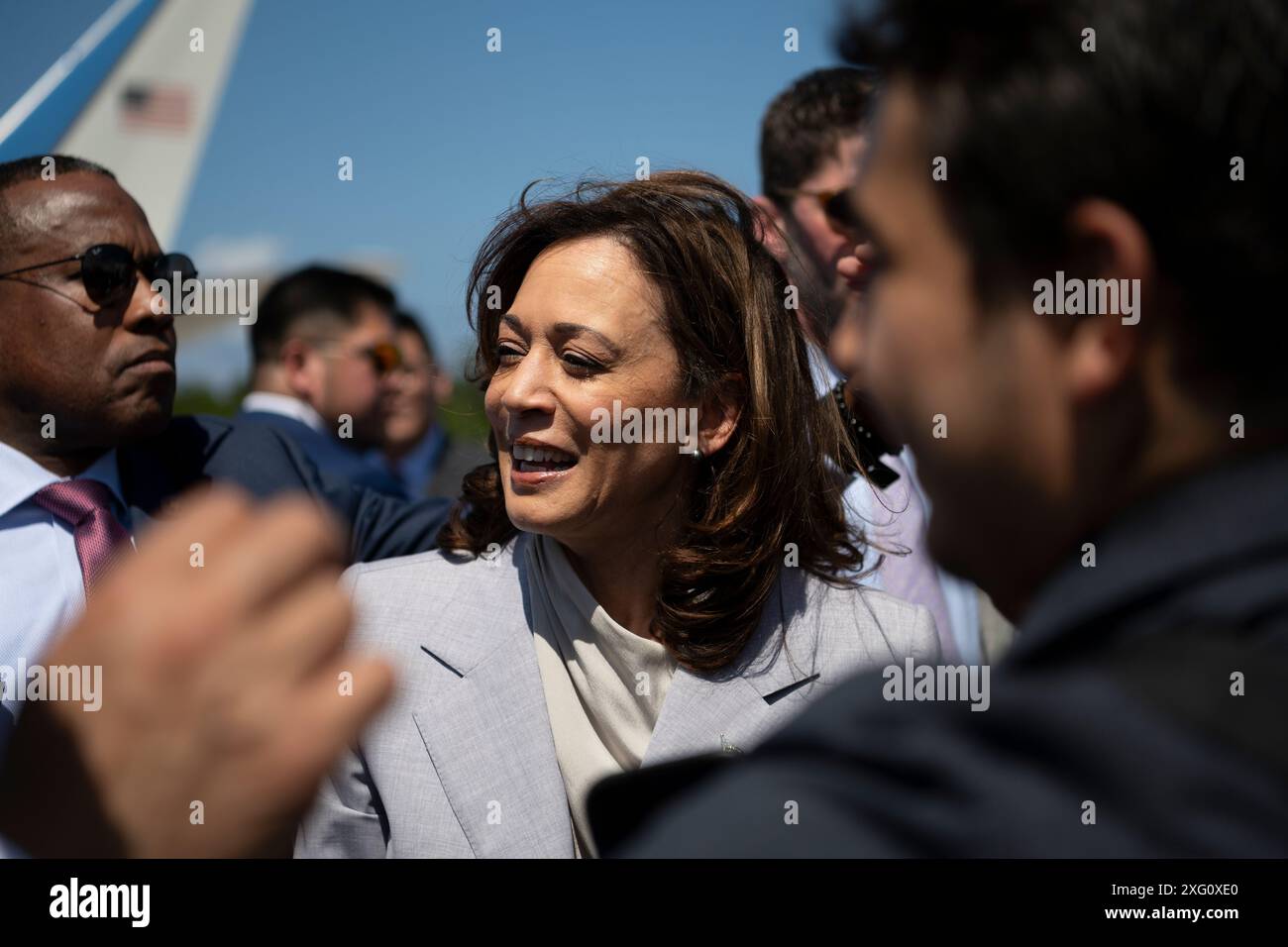 U.S. Vice President Kamala Harris arrives at the 156th Wing airfield ...