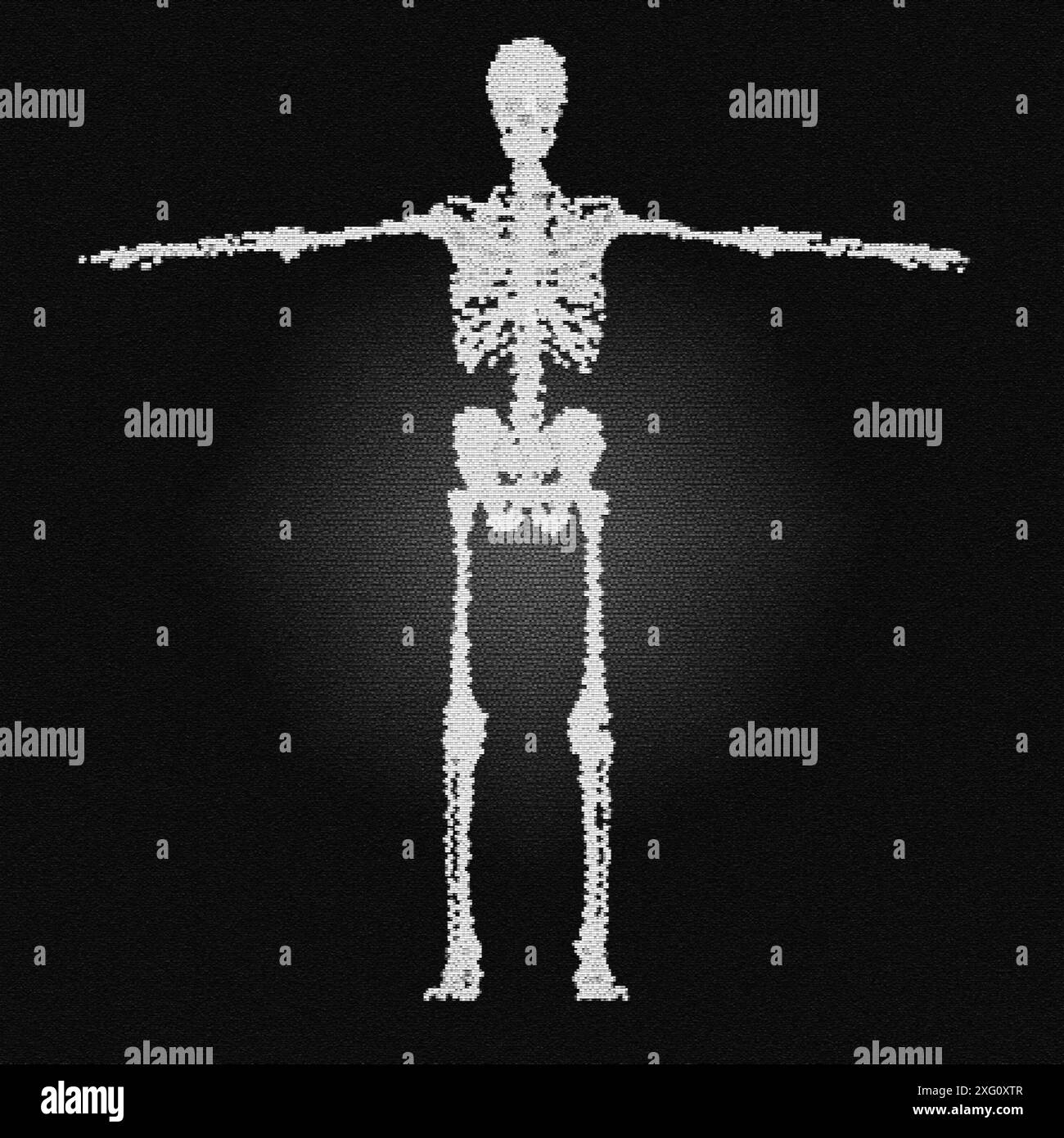 An abstract pixelated white skeleton on a dark background, giving a 3D ...