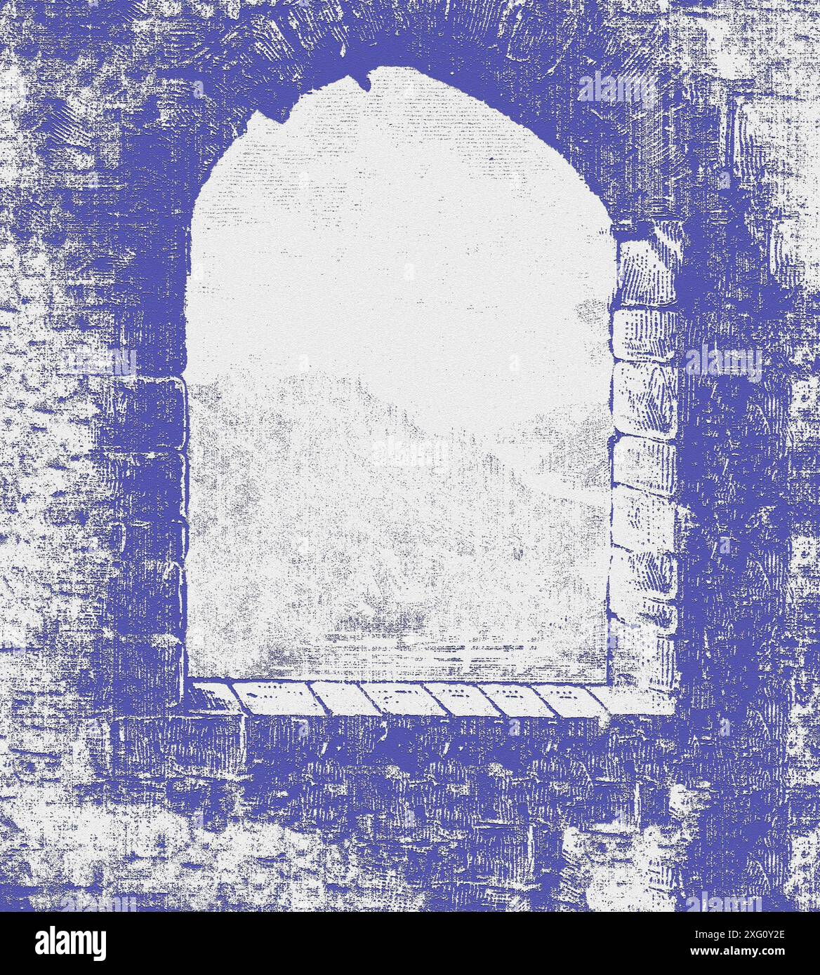 Grunge blue sketch of a stone arch window with a textured and ...