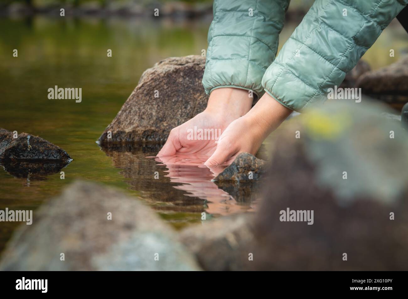 Close-up of water drops falling from female hands into a stream. The ...