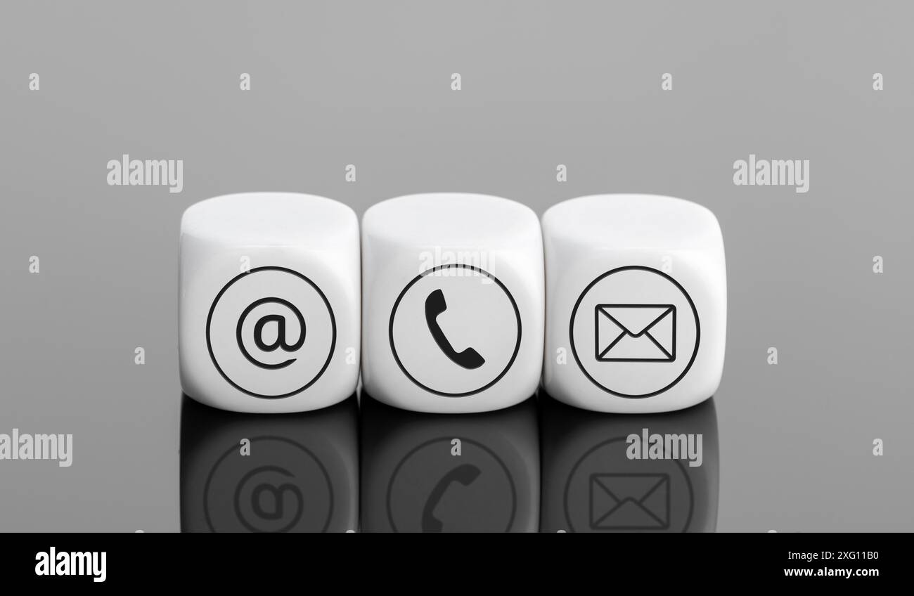 Contact us concept. Contact Symbols on white cube shape blocks. Copy ...