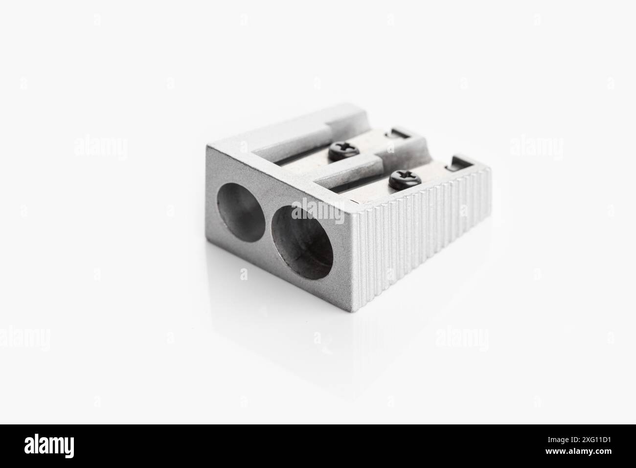 Dual pencil sharpener isolated on white background. Gray metallic ...