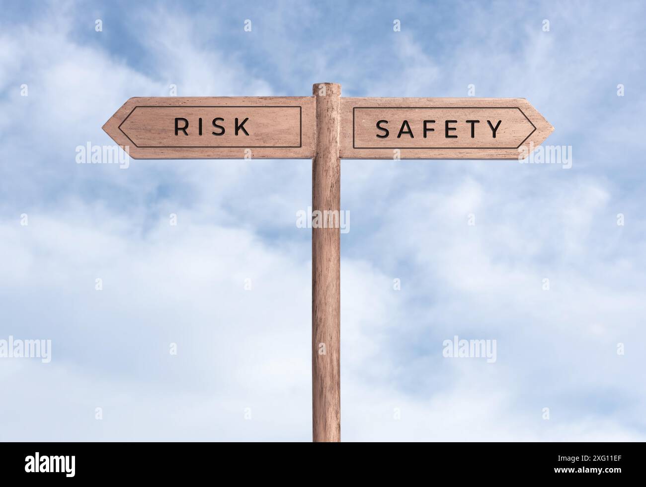 Risk or safety concept. Signpost with two messages on opposite way and ...