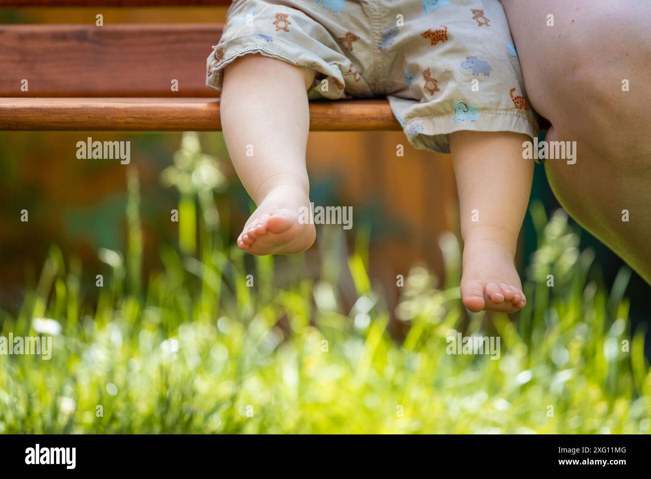 Baby grow up concept: Close up of barefoot baby feet sitting on park ...