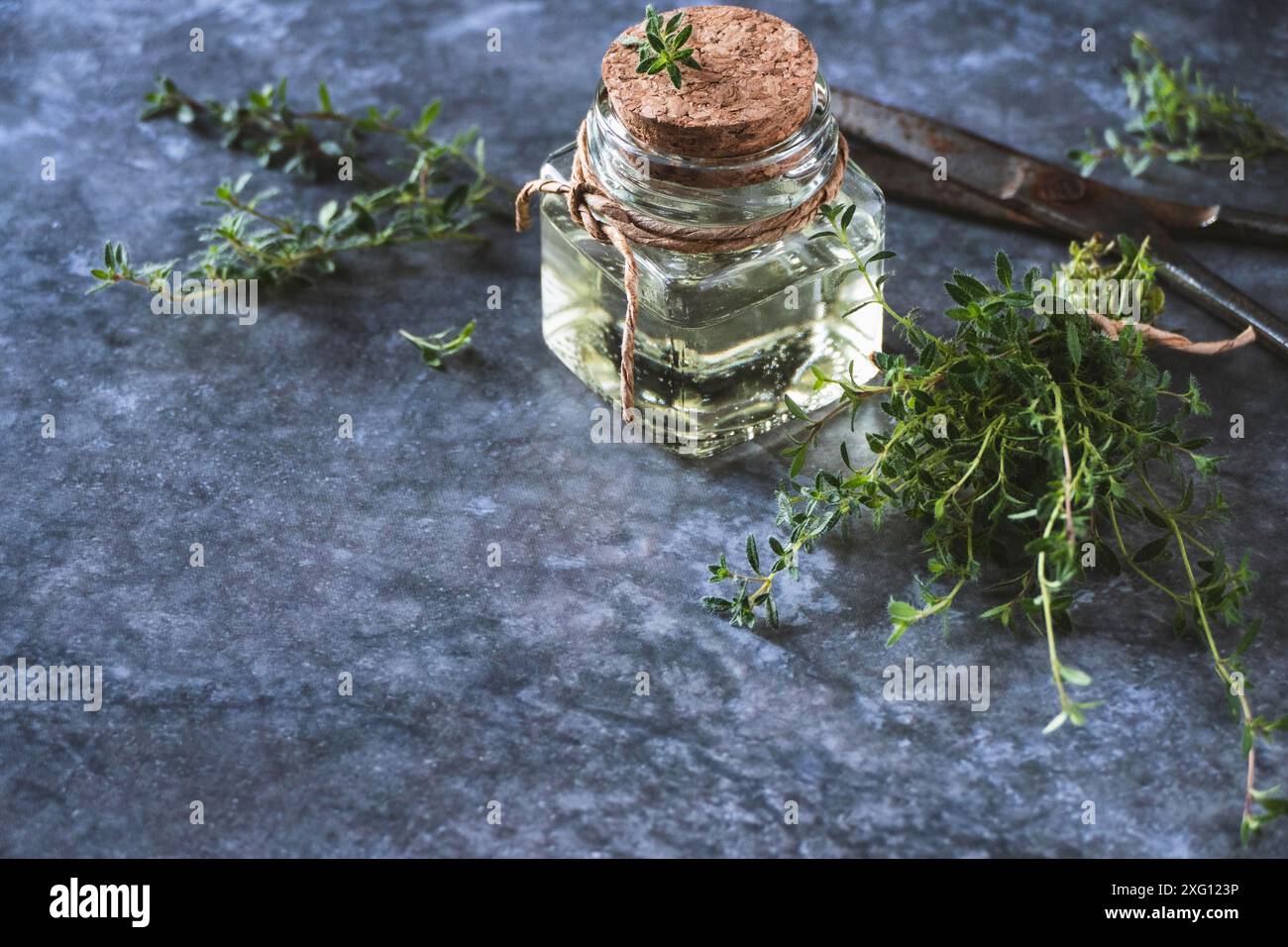 Thyme oil in bottle, freshly cut (Thymus serpyllum) leaves on table ...