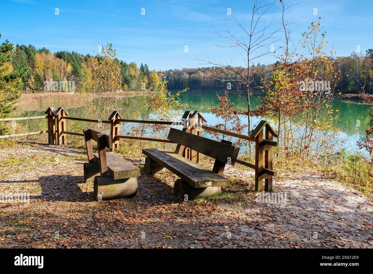 Herbstwald am See Sitzgruppe, Autumn forest by the lake, indian summer ...
