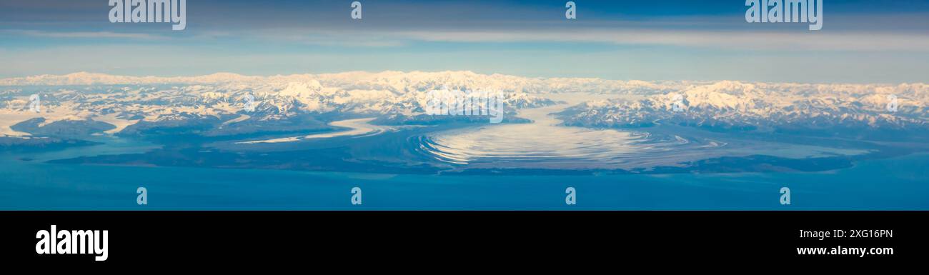 Aerial panoramic view of the glaciers and ice flows along the coastal ...