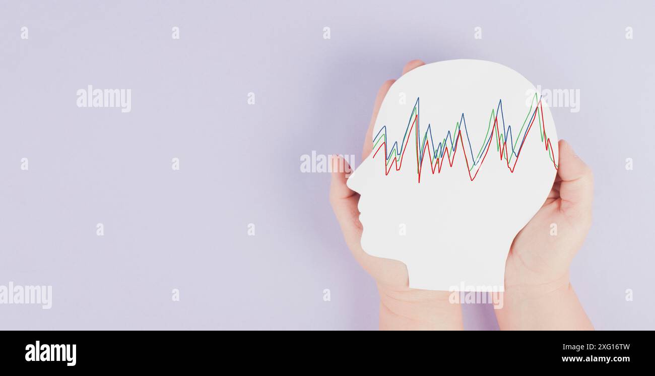 Holding a head in the hands, epilepsy disorder awareness, brain waves ...