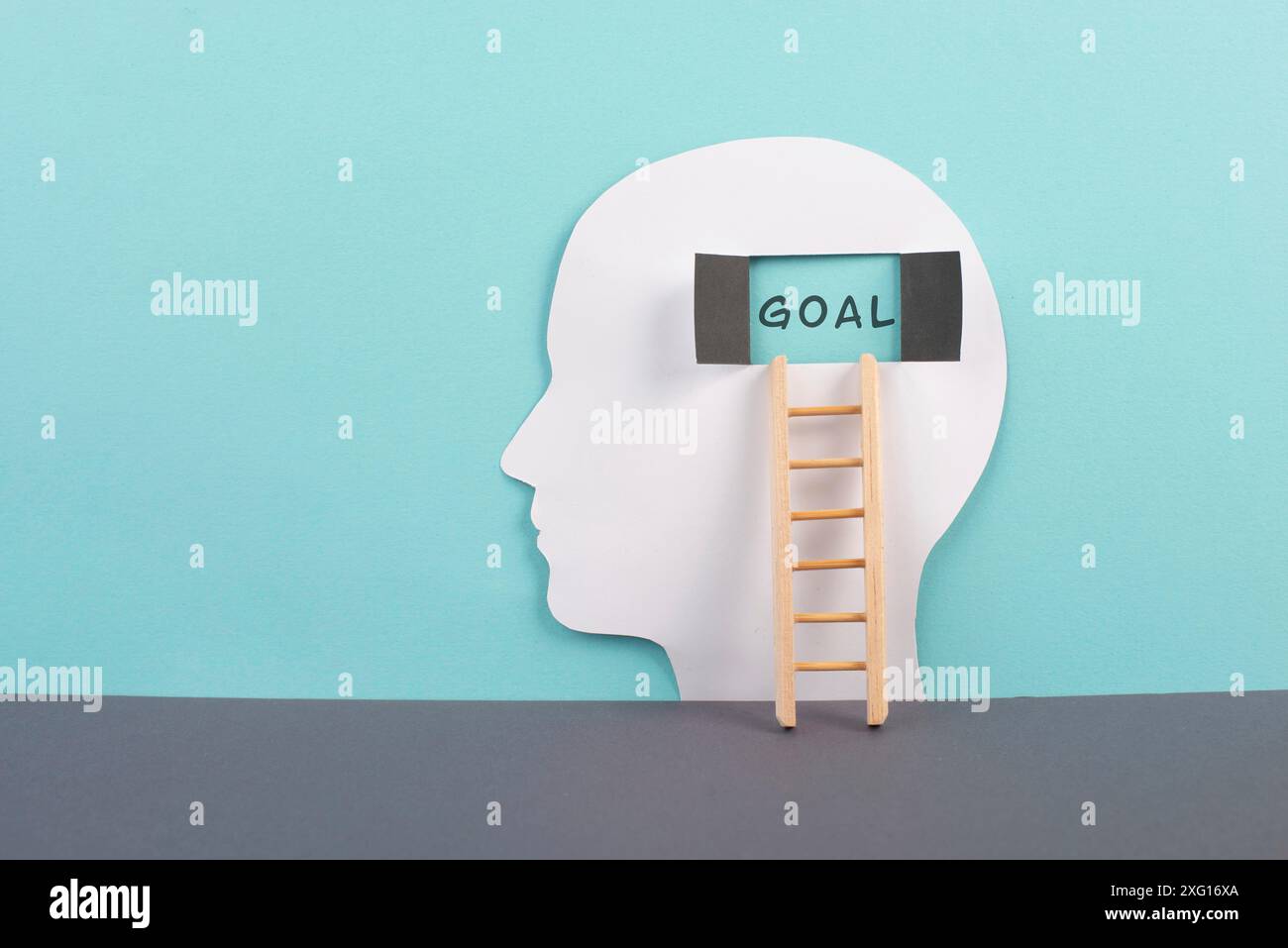 Silhouette of a man, window to the brain with the word goal, ladder of ...