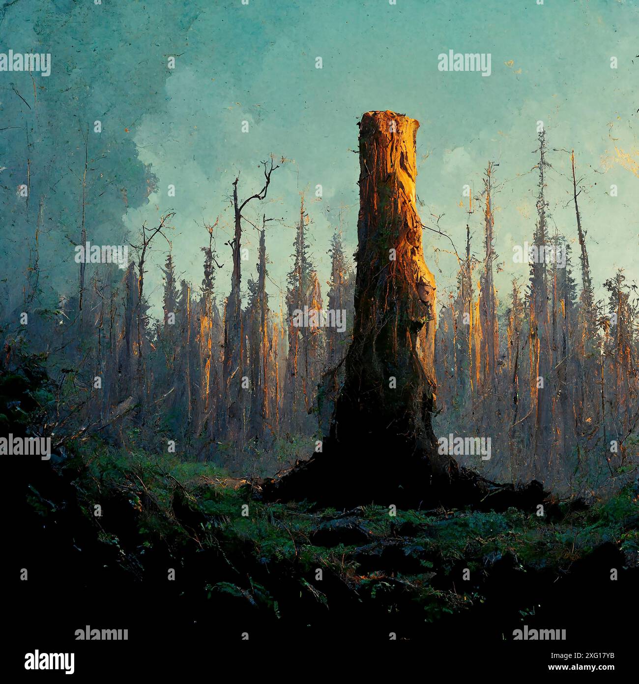 Illustration of a forest with cut down trees, dried out ground after ...