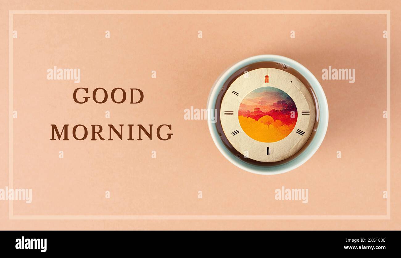 Cup of coffee with a sunset clock, good morning, hot caffeine drink for ...