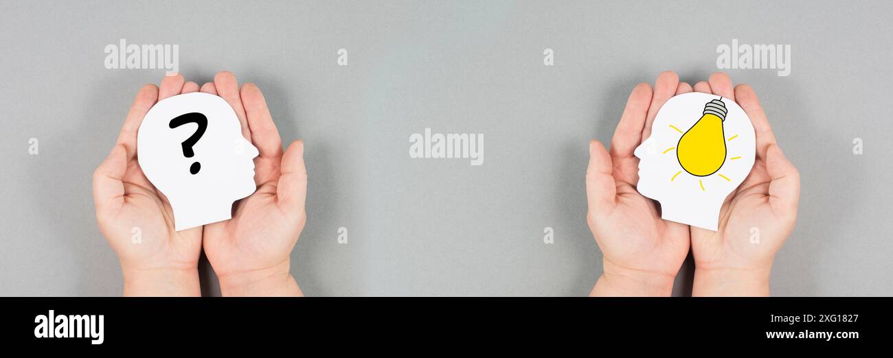 Head with a question mark asking for solutions, man with the lightbulb ...