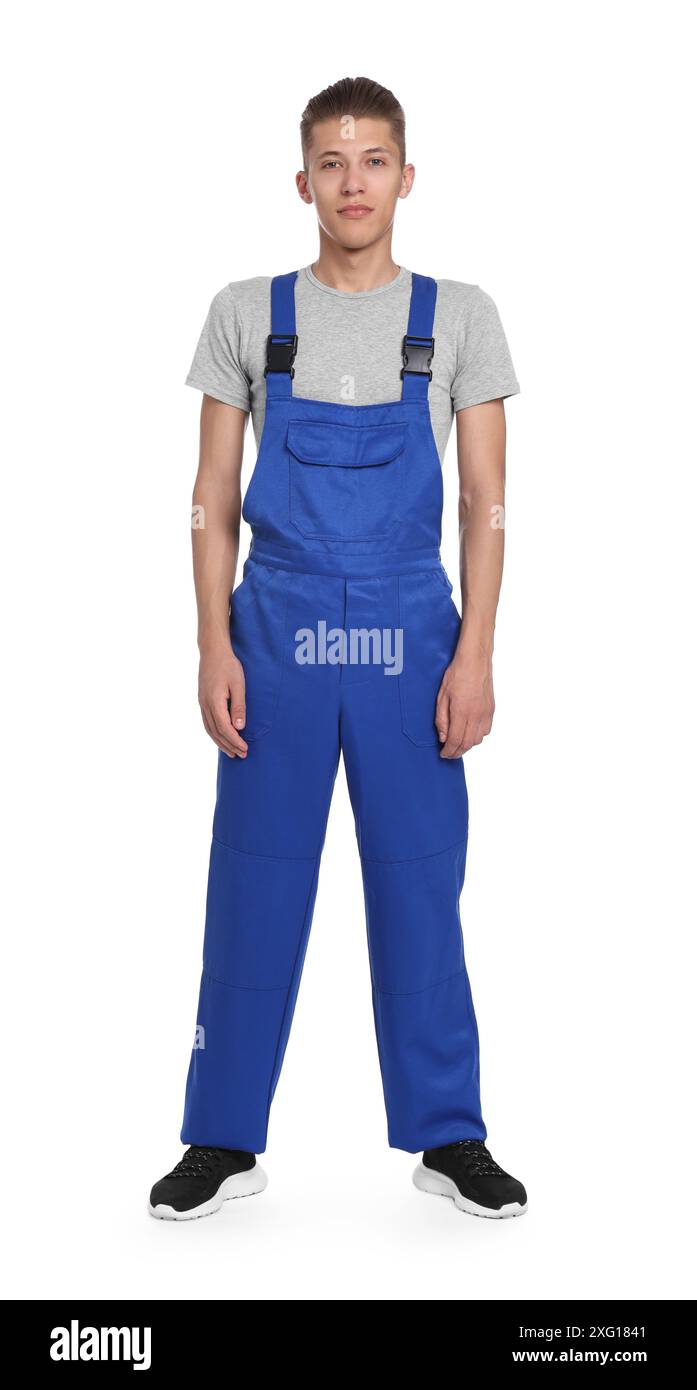 Auto mechanic in uniform on white background Stock Photo - Alamy
