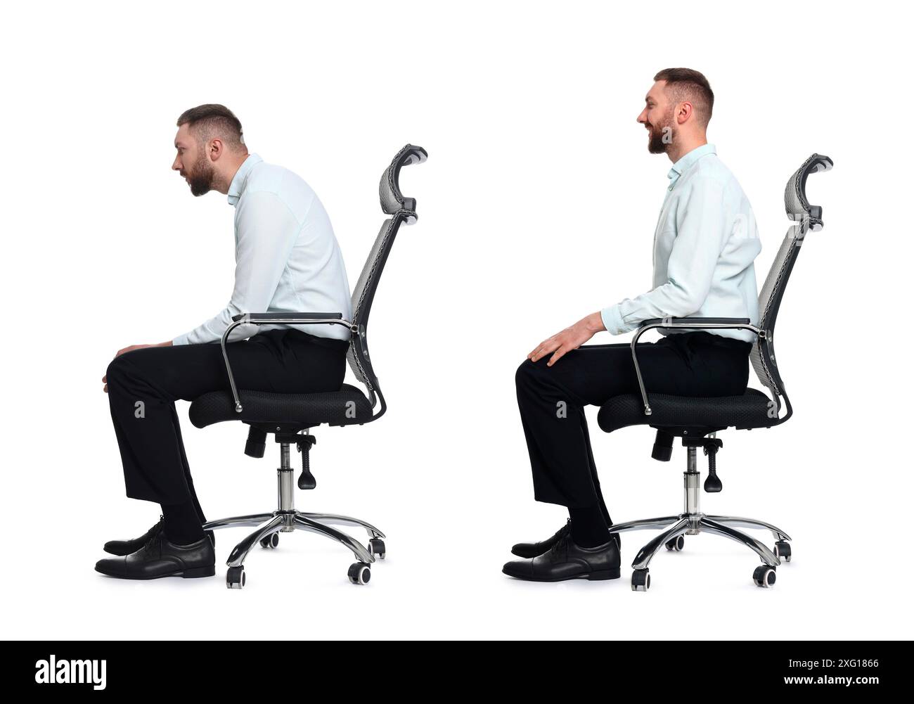 Man with poor and good posture sitting on chair on white background ...