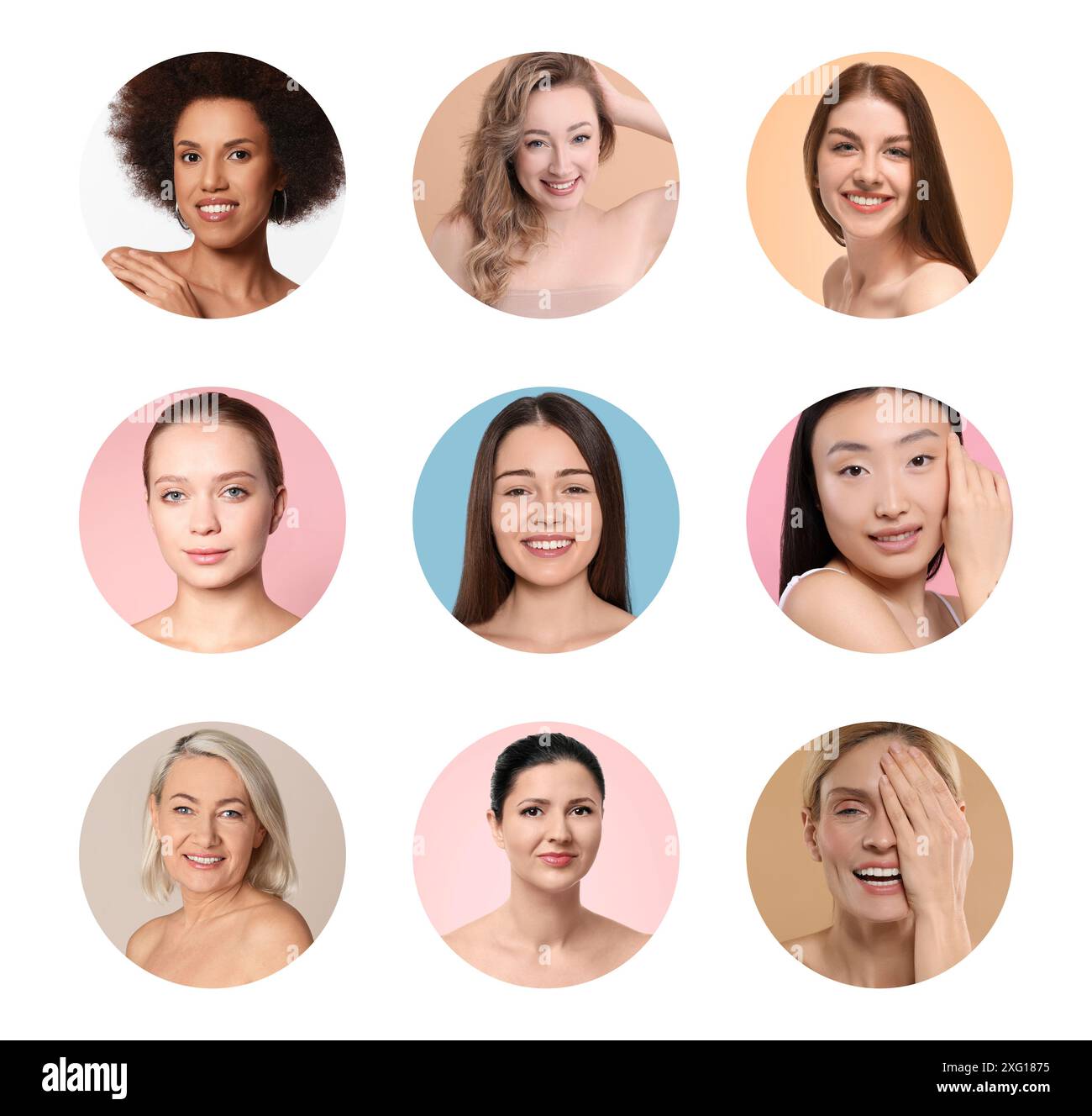 Many beautiful women of different races and ages. Collage of portraits ...
