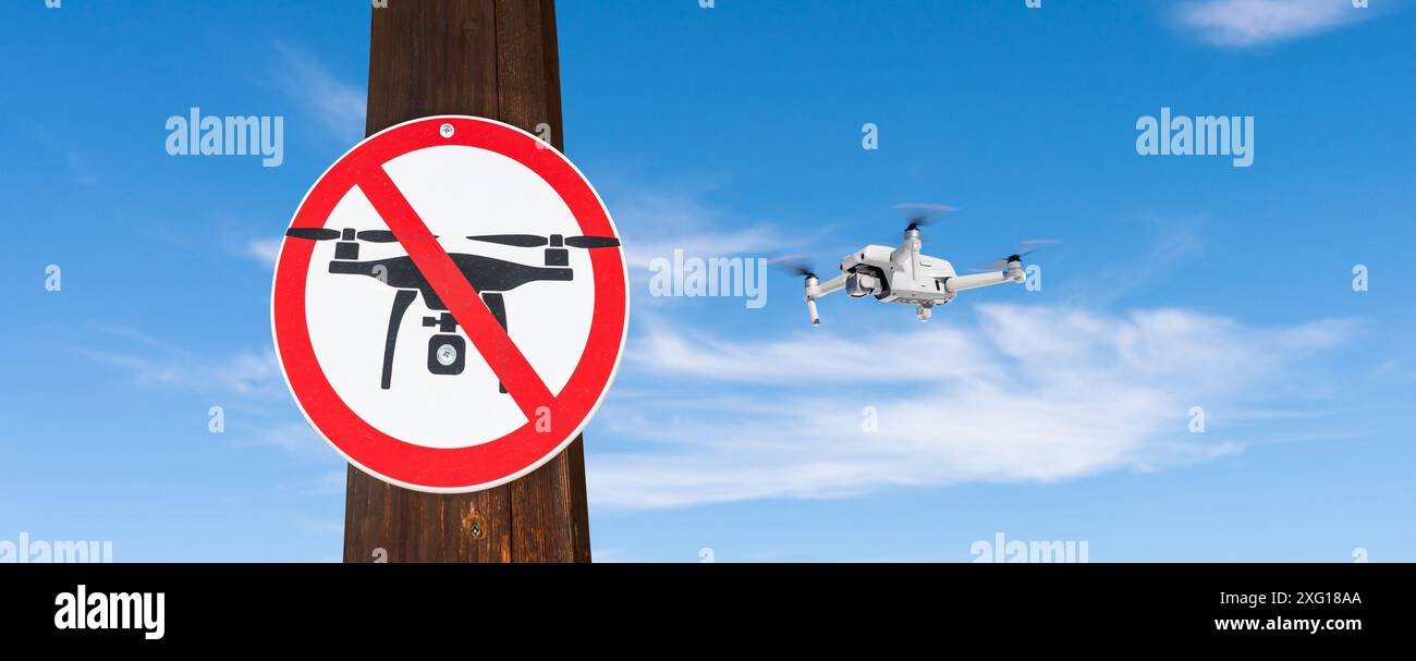 Ban on flying drones. Crossed out flying drone sign. Restrictions on ...