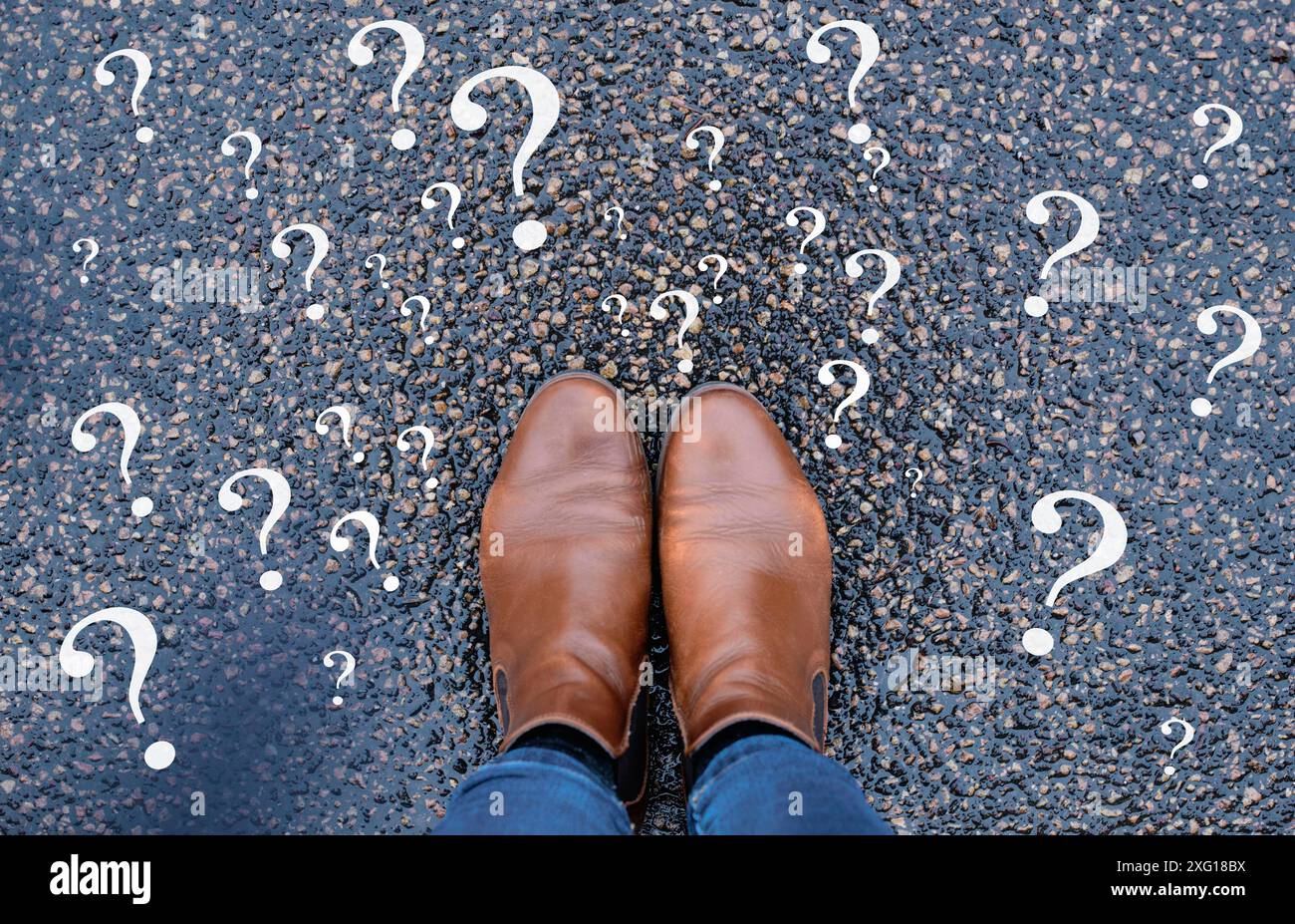 Woman is thinking, question marks on the road, brainstorming and ...