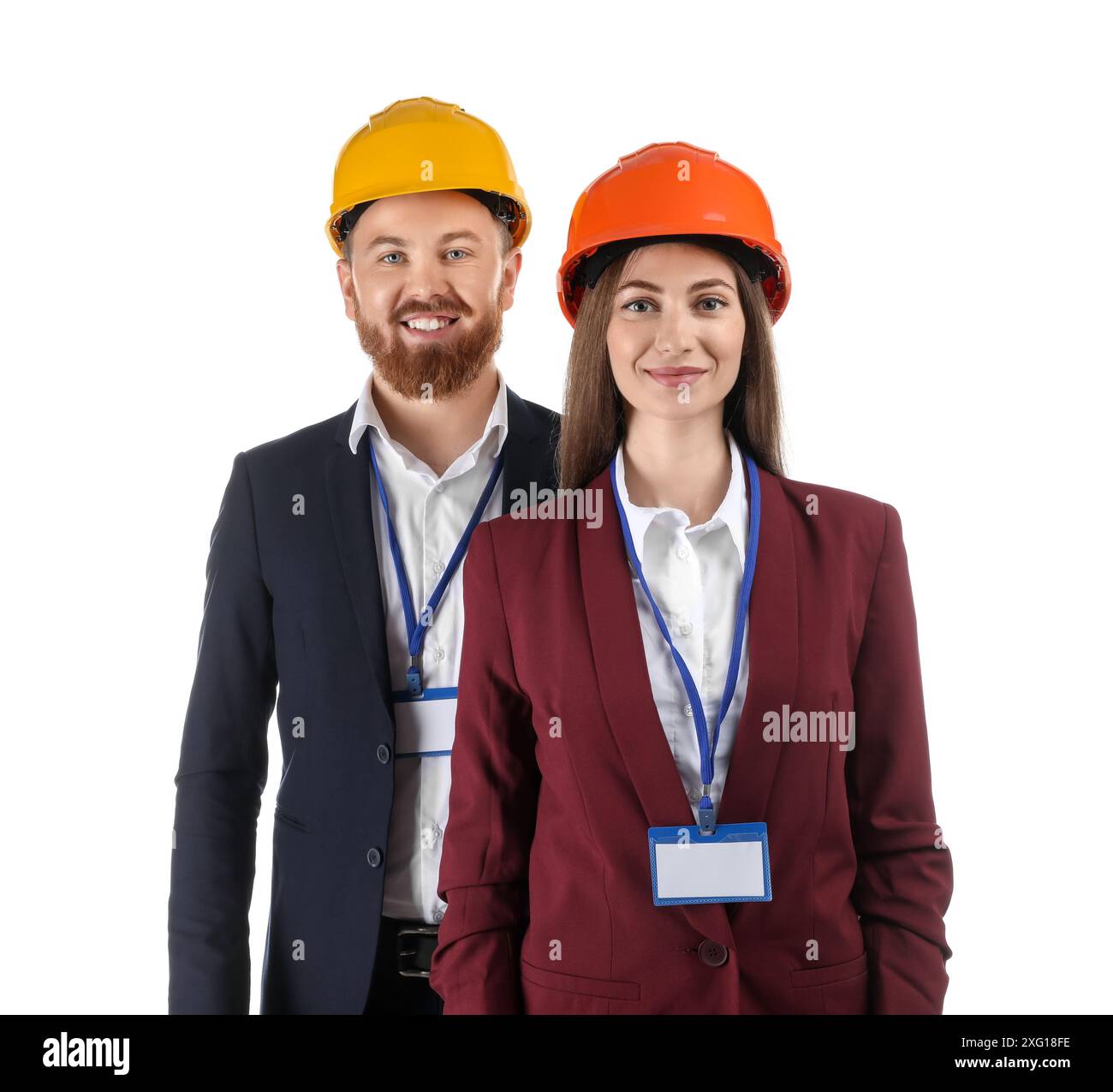 Engineers in hard hats on white background Stock Photo - Alamy