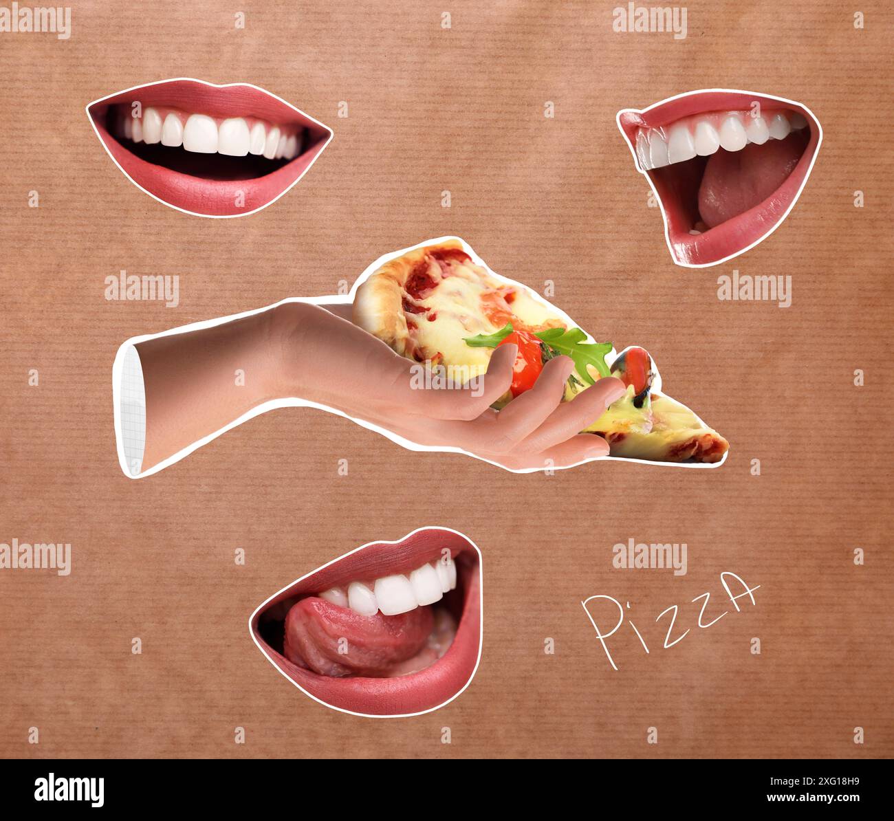 Creative collage of man's hand holding pizza slice and women's lips on ...