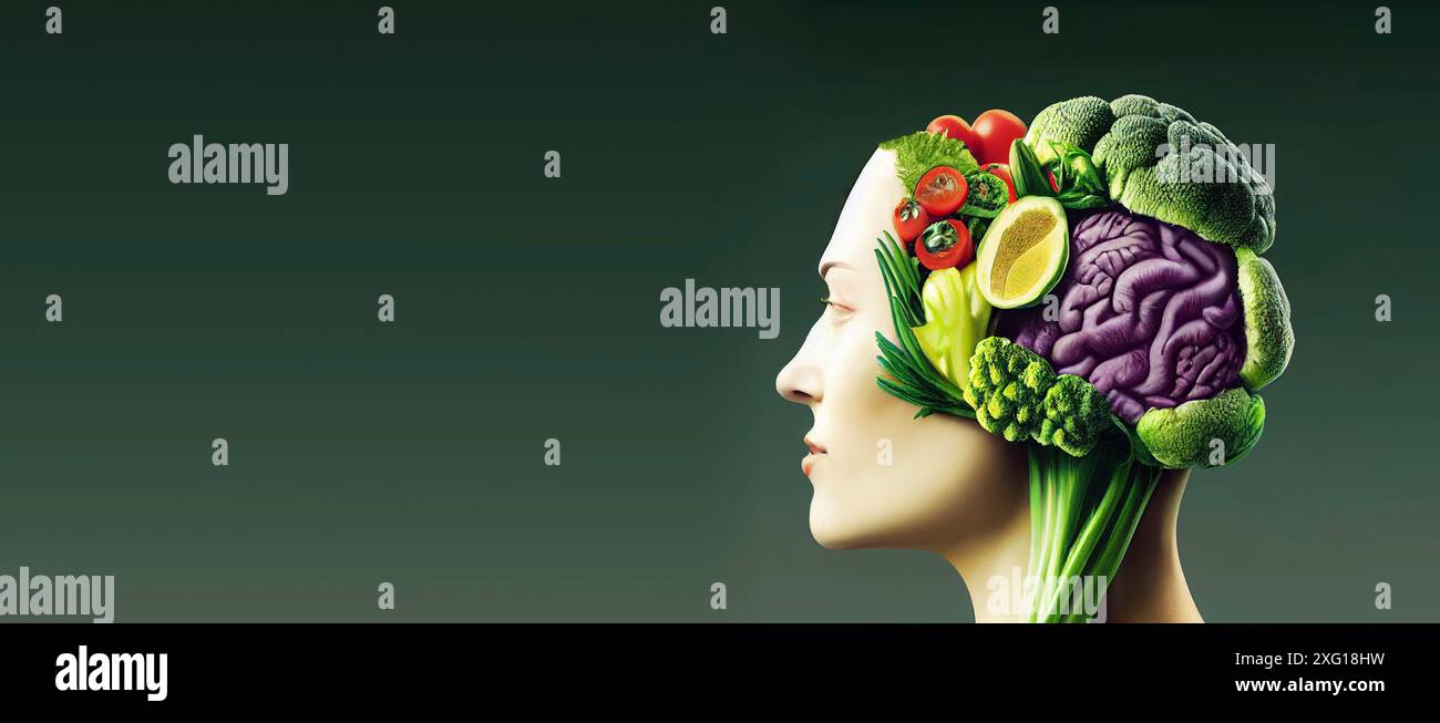 Illustration of a brain made from vegetables like broccoli, avocado and ...
