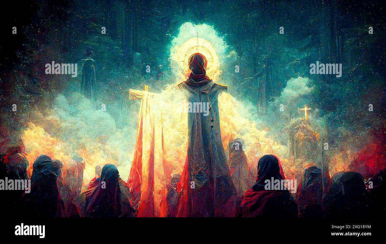Jesus Christ, people pray in a church, religion and faith of ...