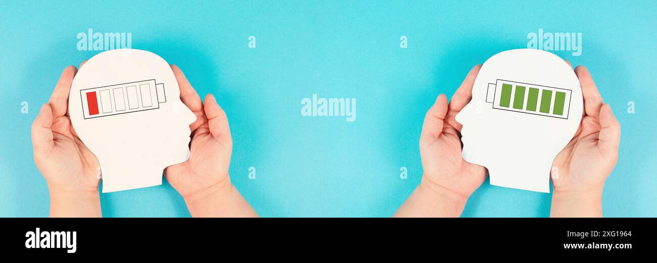 Man with an empty and a full battery, exhausted by stress against ...