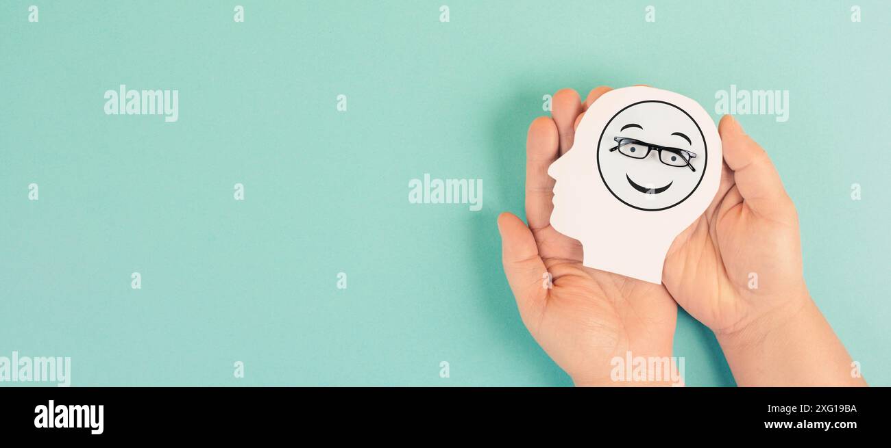 Happy smiling face, mental health concept, positive mindset, support ...
