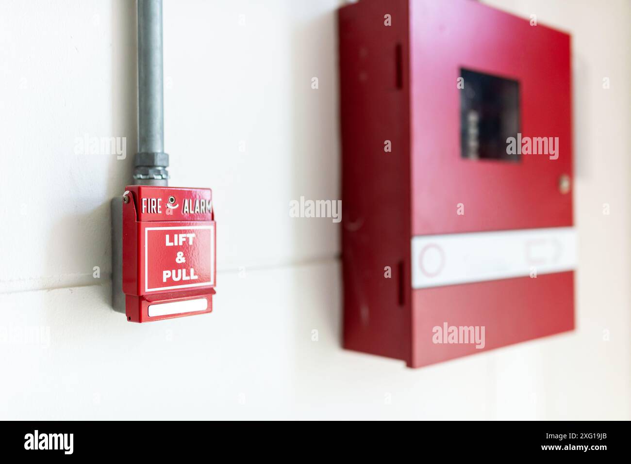 Fire bell pull sign in supermarket Stock Photo - Alamy