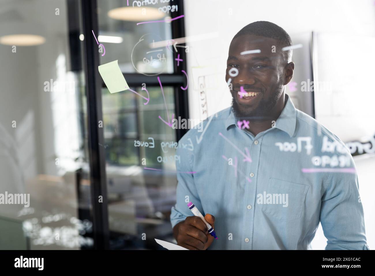 Writing on glass board, smiling businessman brainstorming ideas in ...