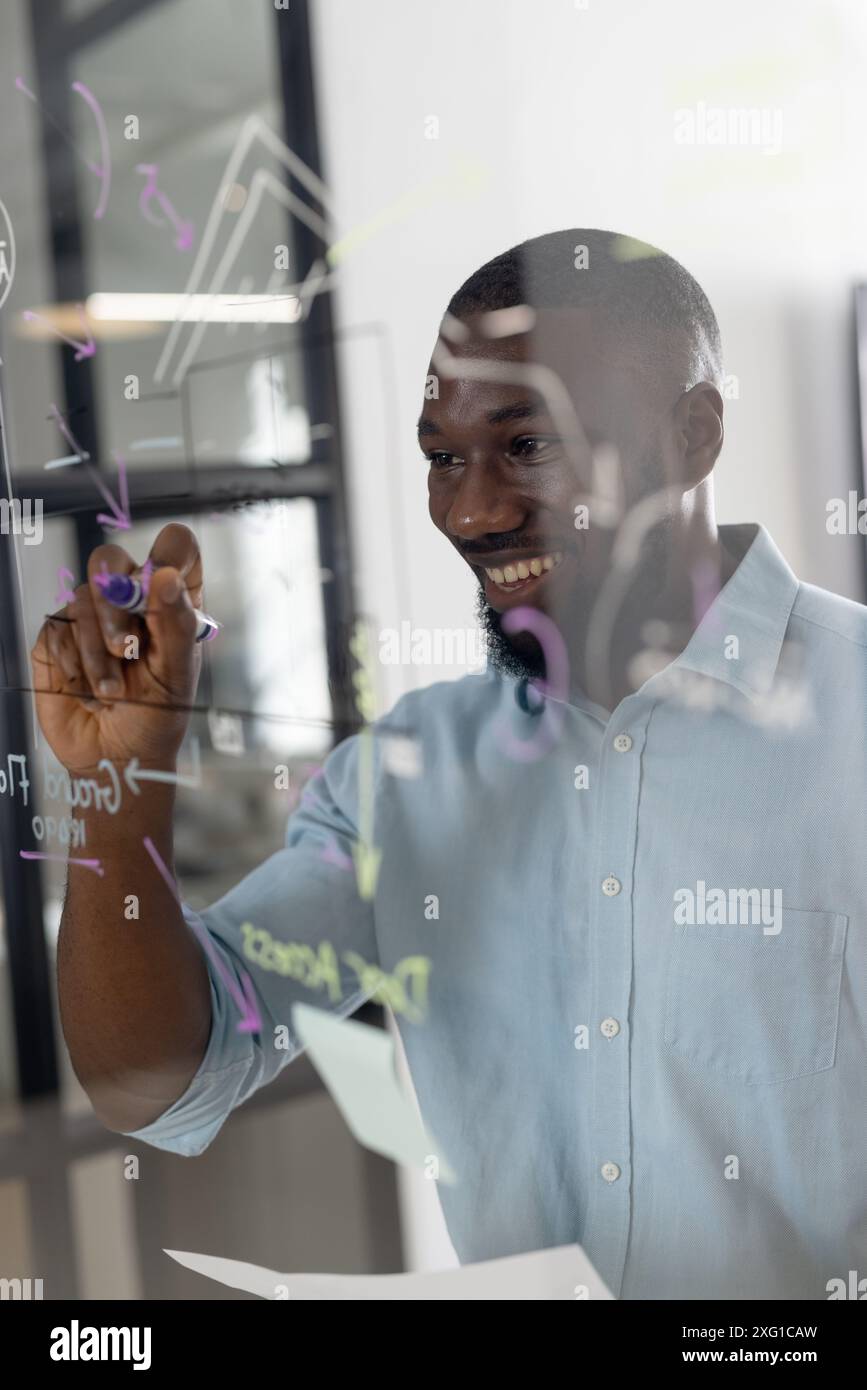 Writing on glass board, man brainstorming ideas and planning in office ...