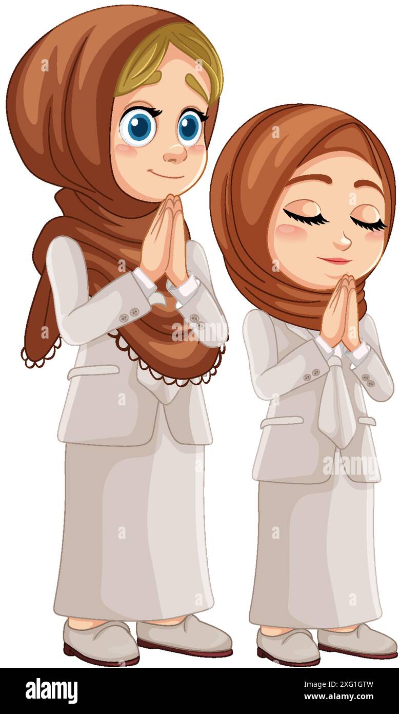 Two girls in traditional Muslim attire praying Stock Vector Image & Art ...