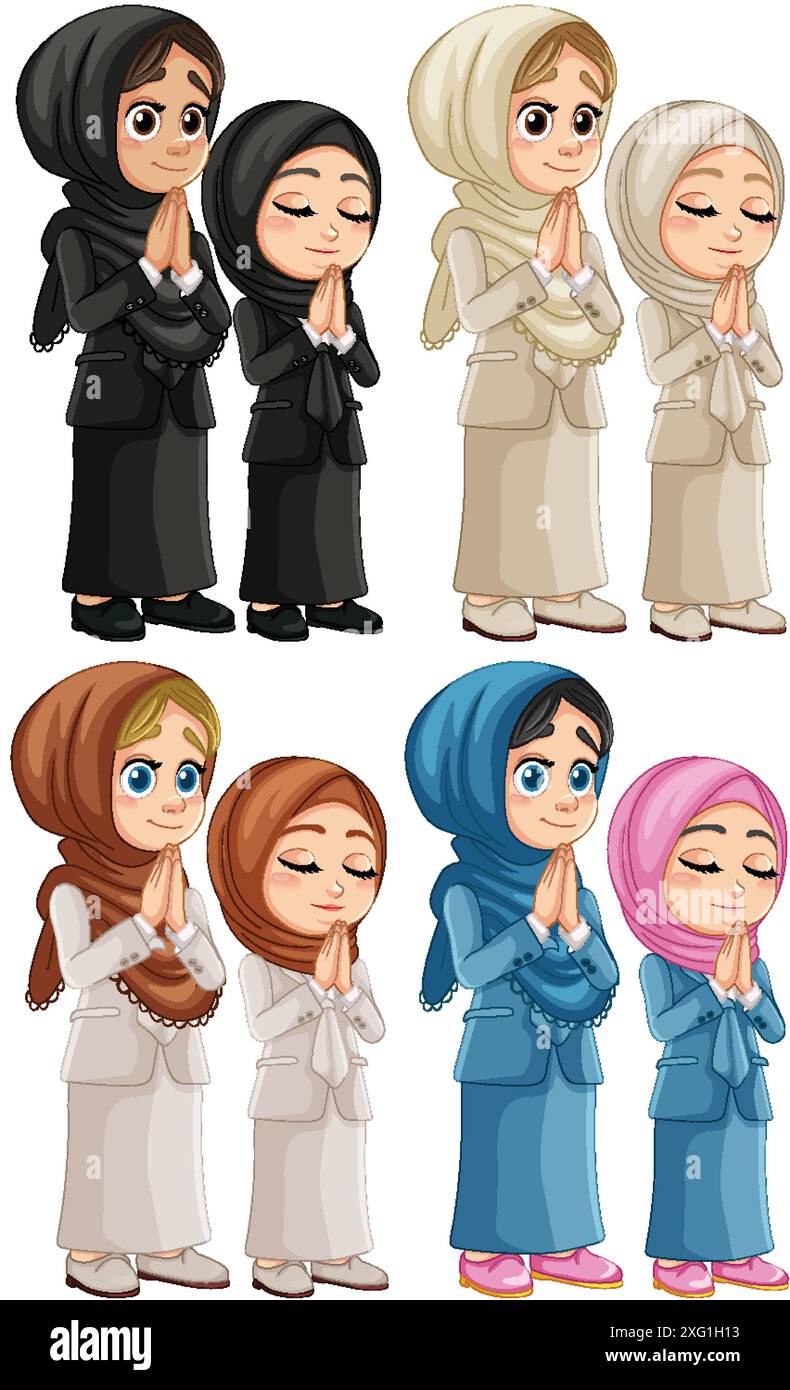 Illustration of Muslim girls in various colored hijabs Stock Vector ...