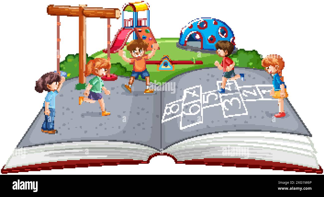 Kids enjoying playground activities in an open book Stock Vector Image ...