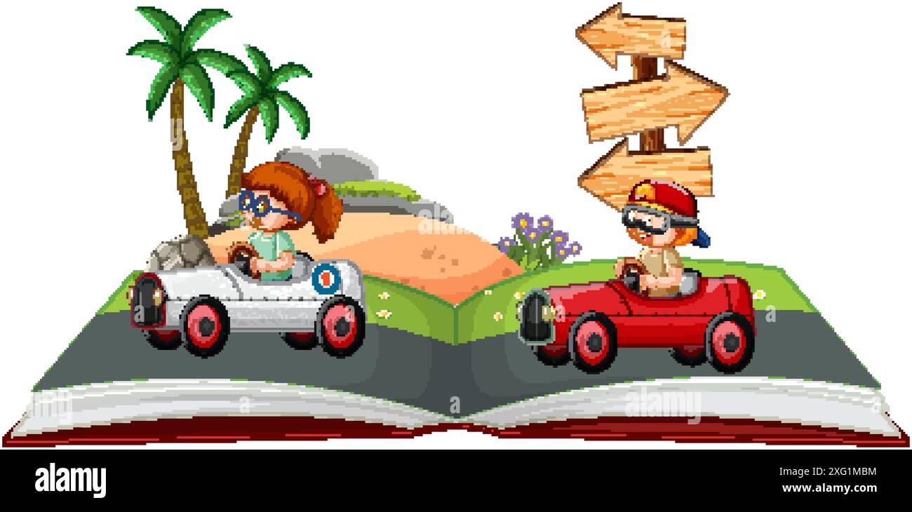 Kids driving cars in a storybook scene Stock Vector Image & Art - Alamy